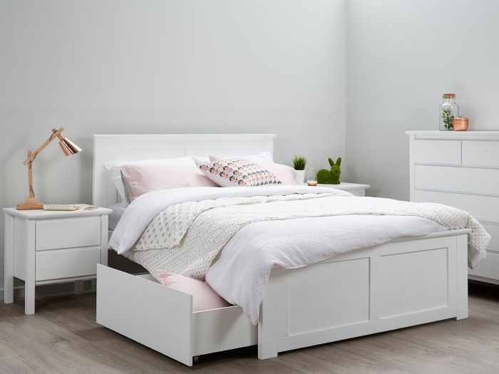 White bed with drawers store